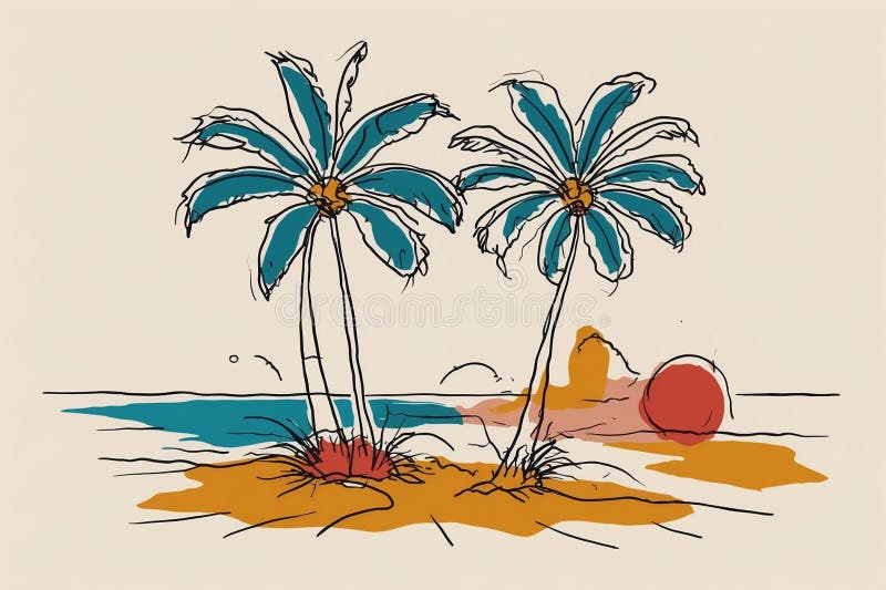 Beach with Coconut Trees. in Illustration Style Stock Illustration ...