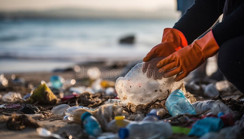 A Volunteer Cleaning Up Plastic Pollution on the Beach. Stock ...