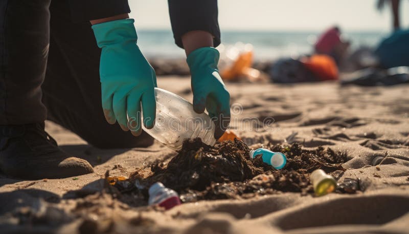 A Volunteer Cleaning Up Plastic Pollution on the Beach. Stock ...