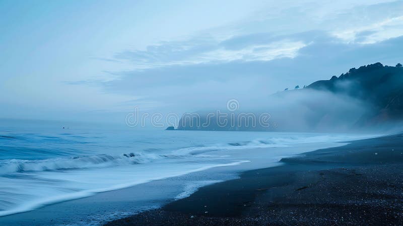 Misty Morning Ocean Waves Hitting Dark Beach Stock Image - Image of ...
