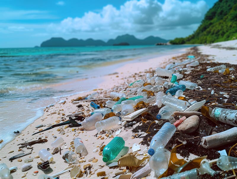 A Beach Covered in Plastic Bottles and Trash Stock Illustration ...