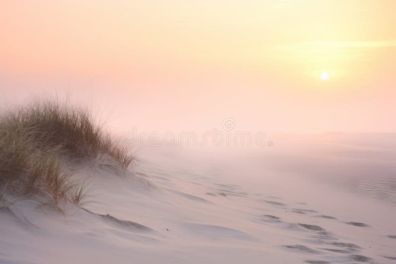 A Beach Covered in Sand and Grass with the Sun Setting in the Distance ...