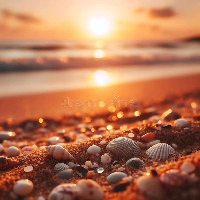 The Beach is Covered in Shells and Rocks, with the Sun Setting in the ...