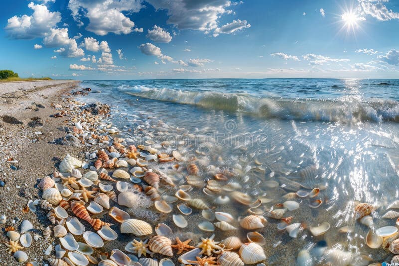 The Beach is Covered in Shells and the Water is Calm Stock Photo ...