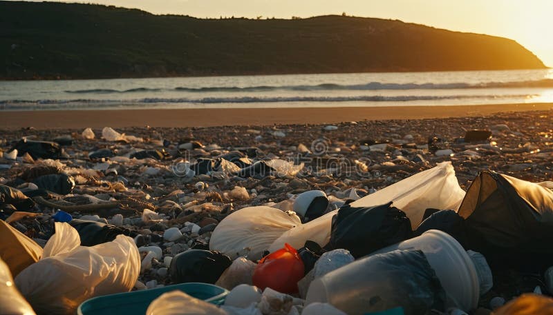 Beach Covered in Trash, Including Plastic Cups and Bottles. the Sun is ...