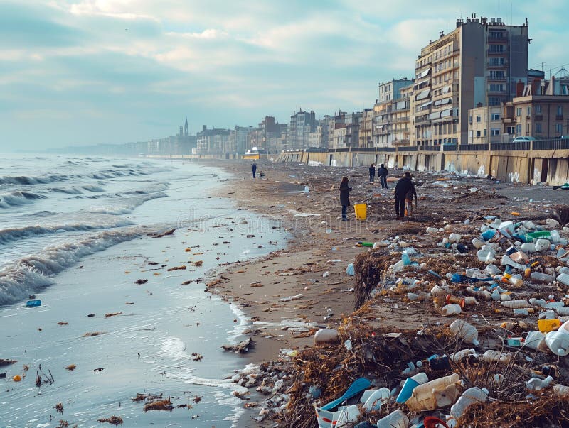 A Beach is Covered in Trash and People are Walking on it Stock ...