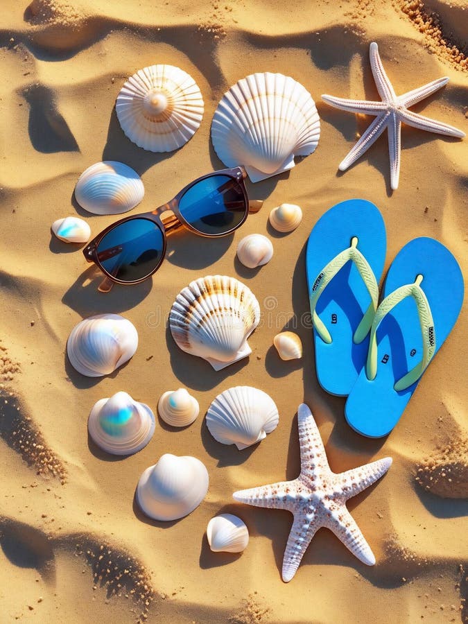 Beach Day Dream Scattered Shells Two Starfish Cool Shades and Blue Flip Flops Stock Illustration ...