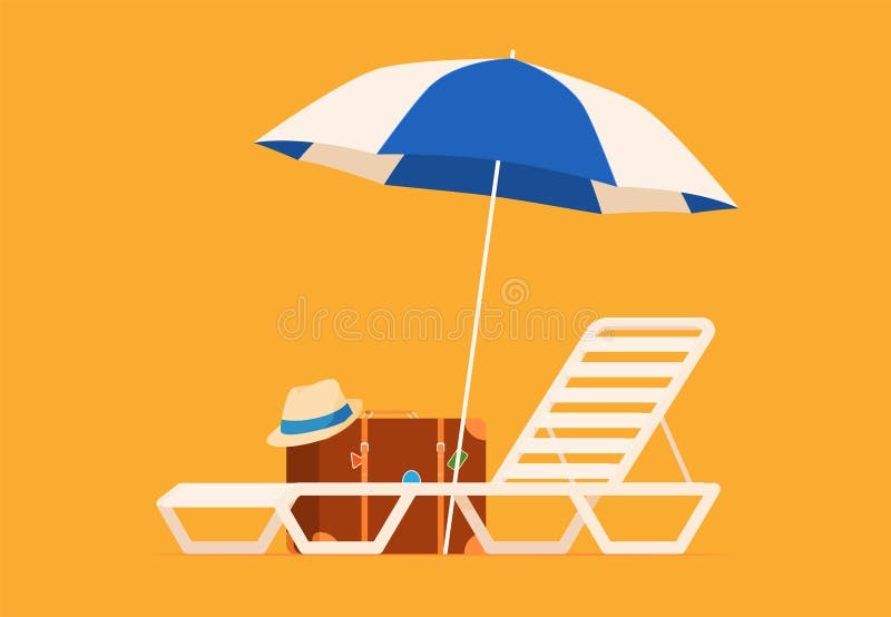 Beach Deck Chair With Umbrella Summer Vacation On A Sandy Beach Happy