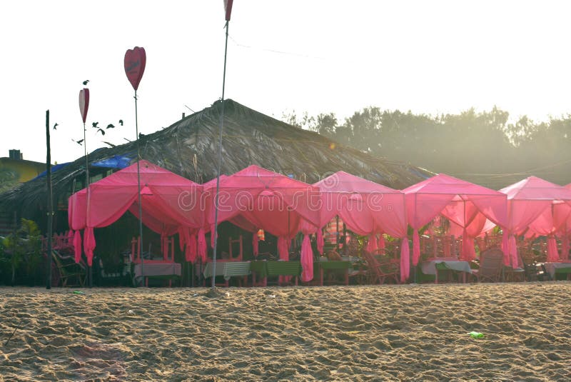 Beach Dining Area in the Sand Stock Photo - Image of coastline, banquet ...