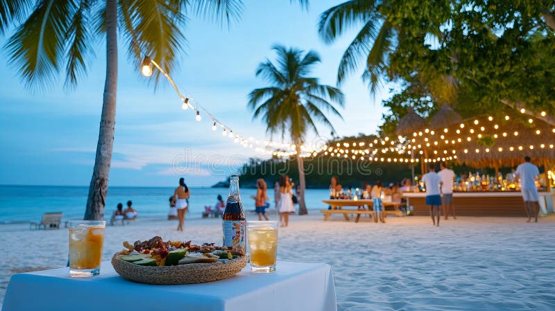 Beach Dinner Setup with Tropical Sunset and String Lights at Seaside ...