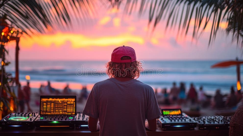 Beach DJ Sunset Performance, Crowd Watching Stock Illustration ...