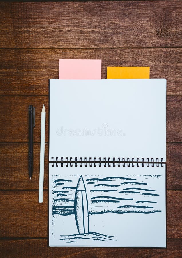 Beach Doodle on Notepad with Pens and Sticky Notes Stock Illustration ...