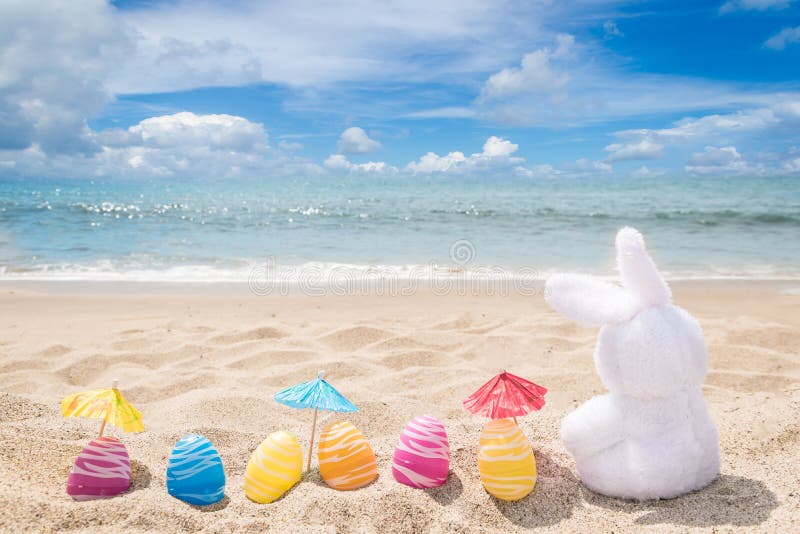 Beach Easter Background with Bunny and Color Eggs Stock Image - Image ...