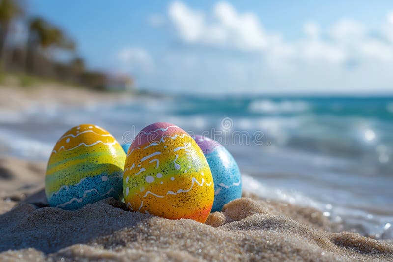 Beach Easter. Colorful Easter Eggs Rest on Sandy Tropical Beach by the ...