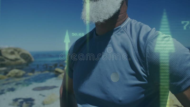 At Beach, Elderly Man Using Animation for Digital Financial Data ...