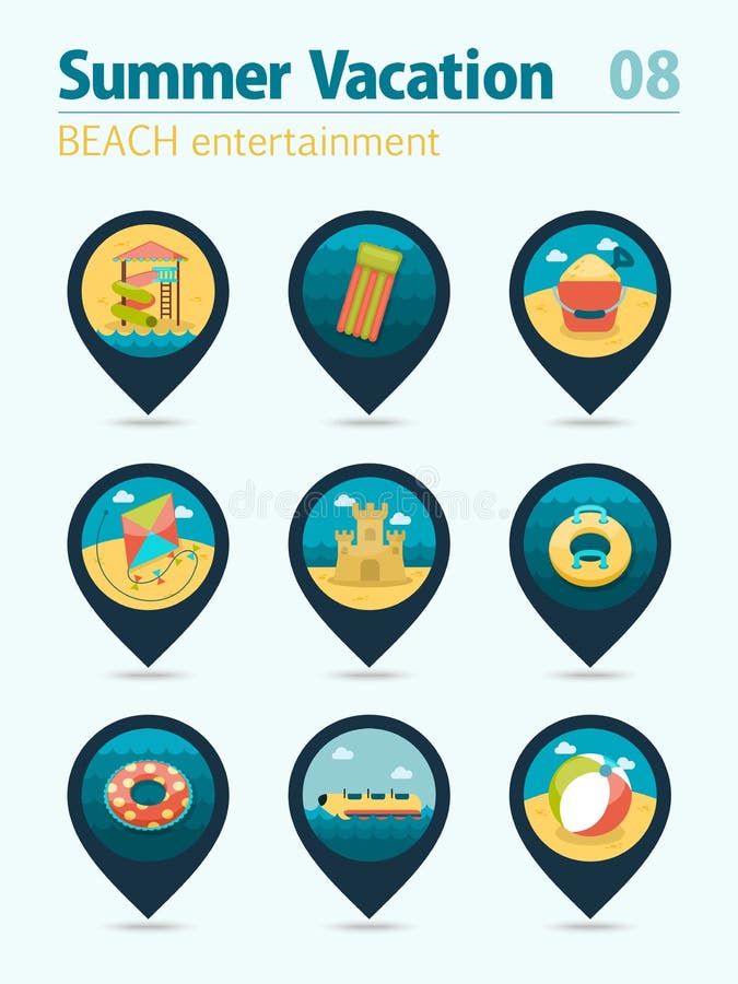 Beach Entertainment Pin Map Icon Set. Vacation Stock Vector ...