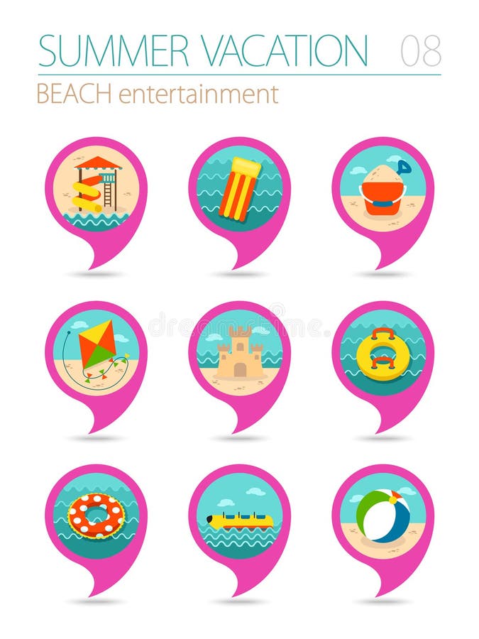 Beach Entertainment Pin Map Icon Set. Vacation Stock Illustration ...