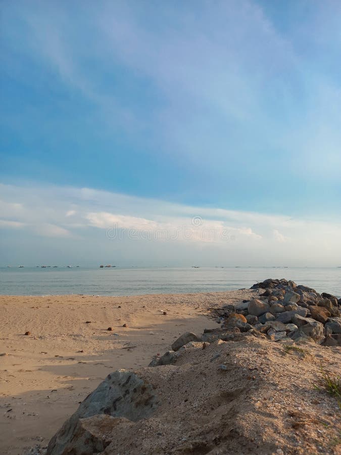 Beach Expanse View White Sand with Stone and Blue Sky Stock Photo ...