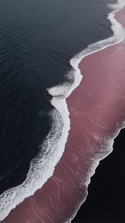The Beach Features Black Sand, Pink Water, and Waves Crashing on the ...