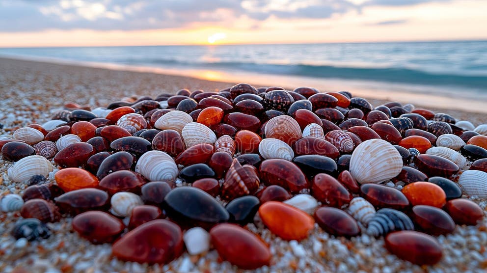 A Beach Filled with Lots of Different Colored Shells on the Sand Stock ...