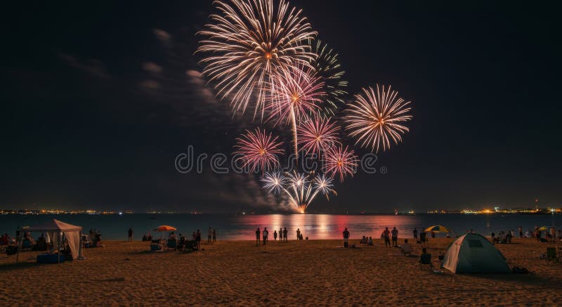 Beach Fireworks Display at Night Stock Image - Image of pink, sand ...