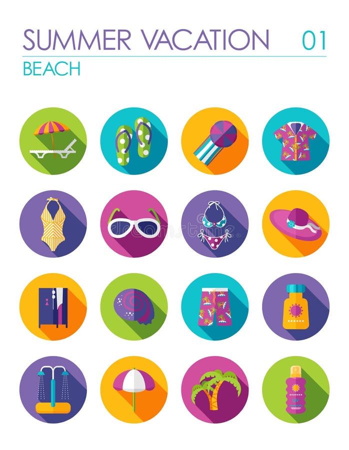 Beach Flat Icon Set. Summer. Vacation Stock Vector - Illustration of ...