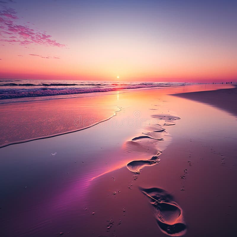 Footprints In The Sand Sunset The Footprints Were Showed On The Sand