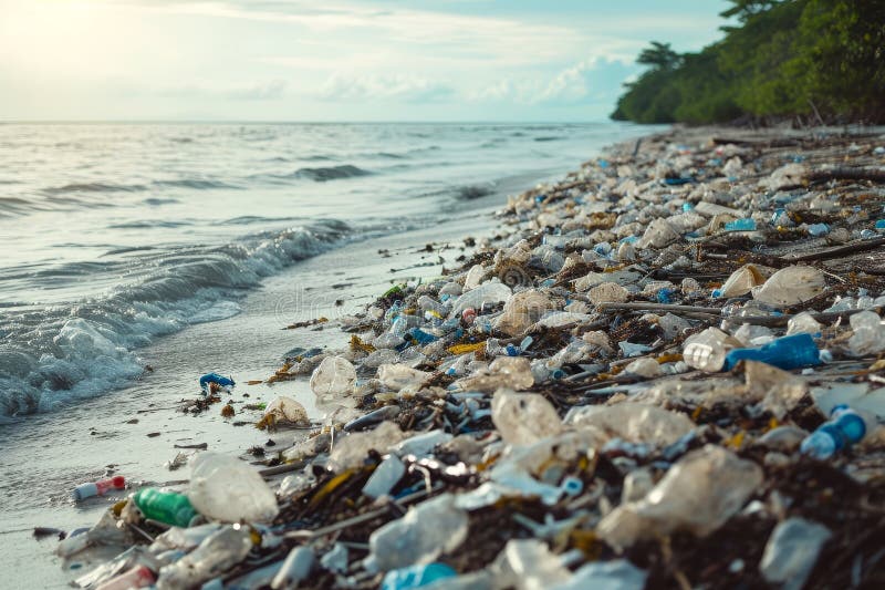 Beach Full of Garbage and Plastic Waste for Environmental and Recycle ...