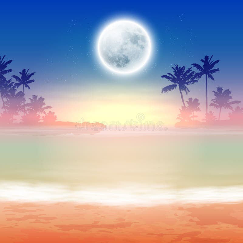 Beach with Full Moon at Night Stock Vector - Illustration of evening ...