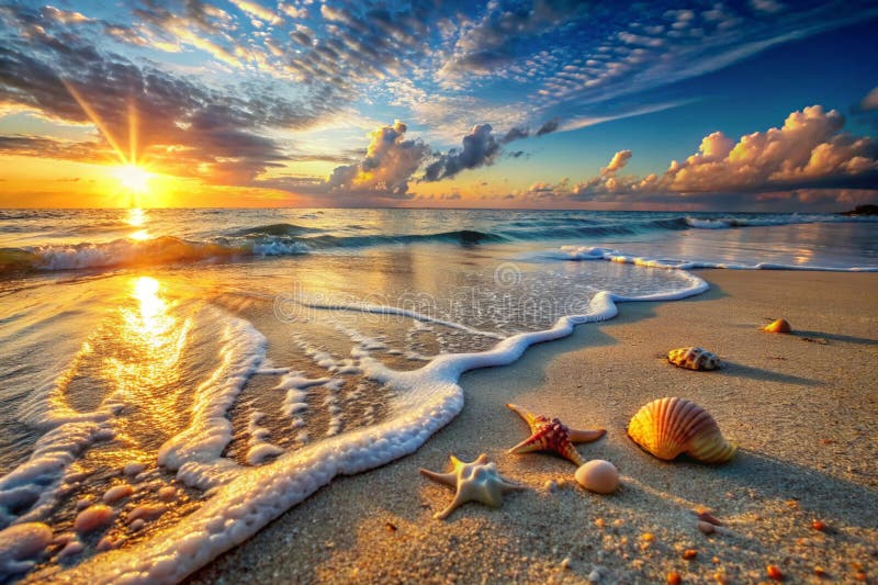 Beach Full of Sparkling Water Waves, Seashells on White Sand Stock ...