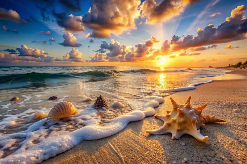 Beach Full of Sparkling Water Waves, Seashells on White Sand Stock ...
