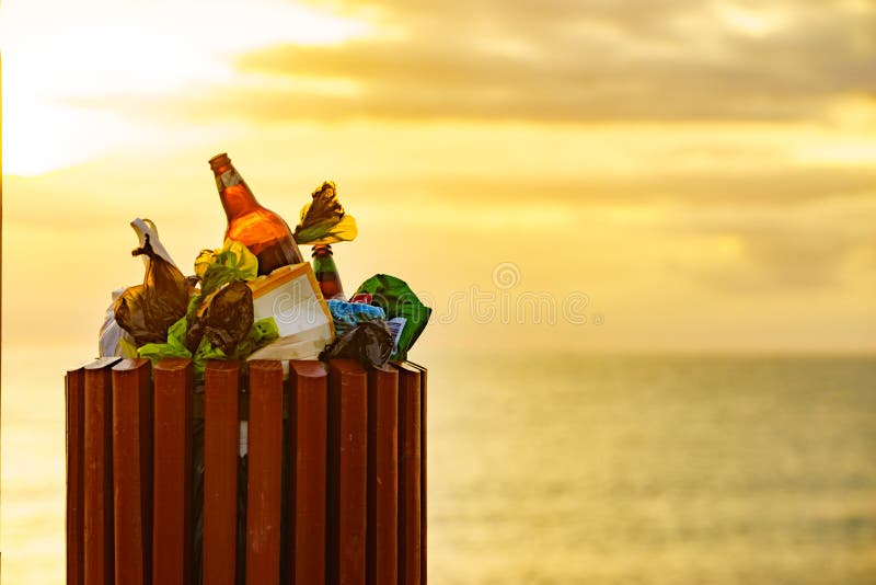 Beach with Garbage Bin Full of Trash Stock Photo - Image of sand ...
