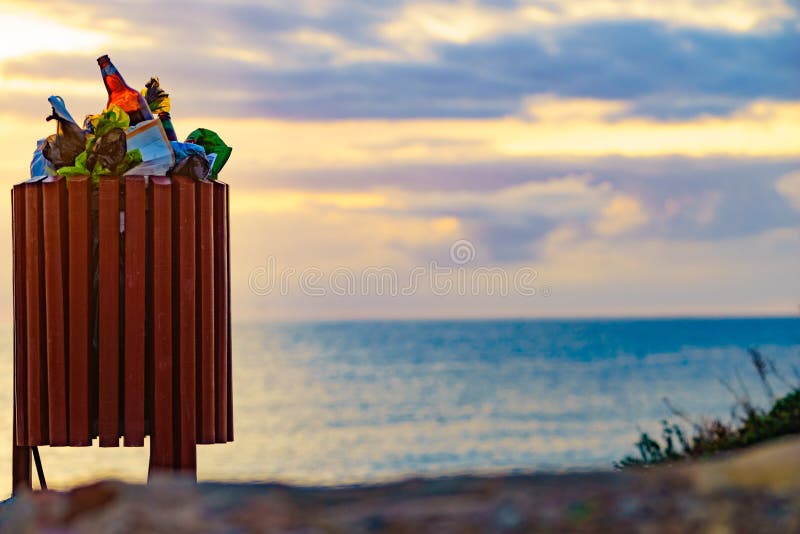 Beach with Garbage Bin Full of Trash Stock Image - Image of sand, shore ...