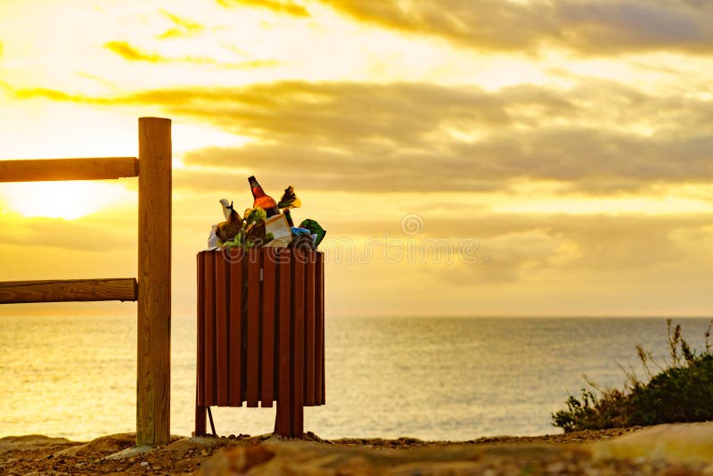 Beach with Garbage Bin Full of Trash Stock Image - Image of coast ...