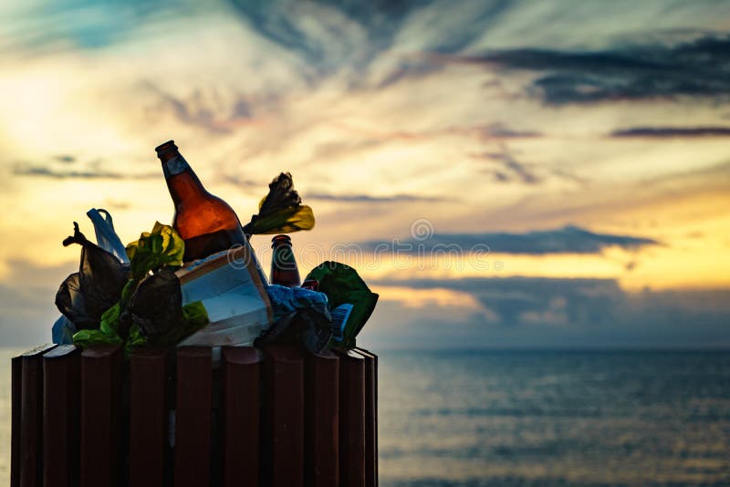 Beach with Garbage Bin Full of Trash Stock Photo - Image of bottle ...