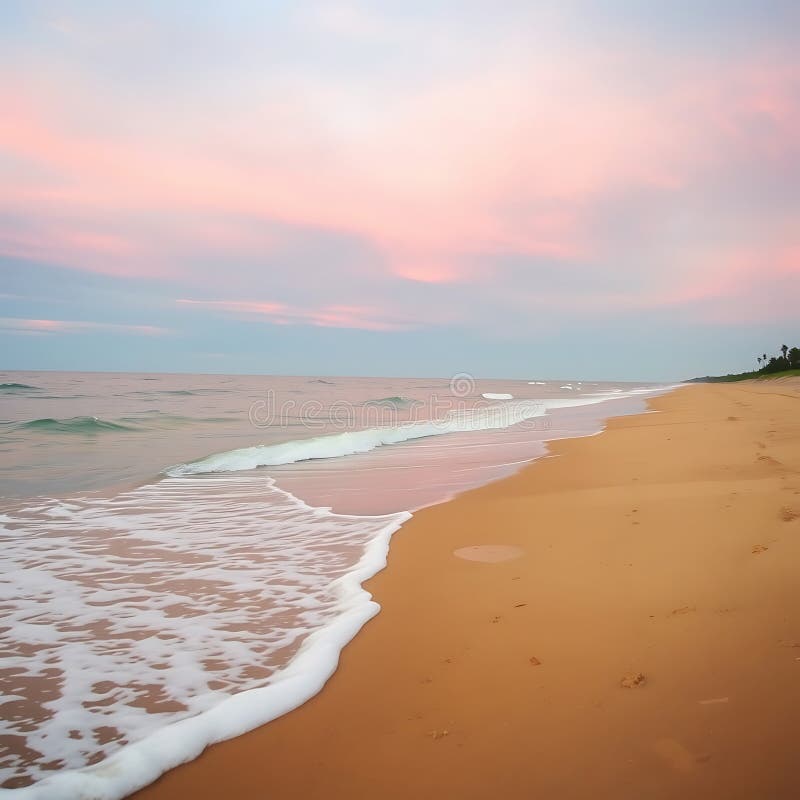 Beach with Gentle Waves Under Pink Sky Stock Illustration ...