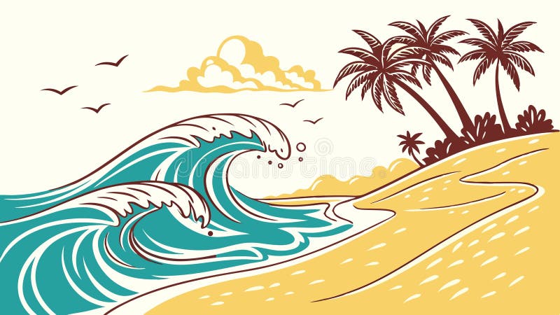 Beach with a Giant Wave and Palm Trees, Thrilling Ocean Force. Vector ...