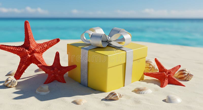 Beach Gift: Yellow Present with Starfish and Shells, Idyllic Scene ...