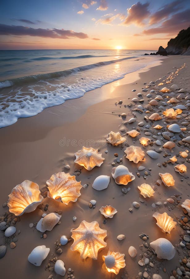 Beach with Glowing Shells at Sun Set Stock Illustration - Illustration ...