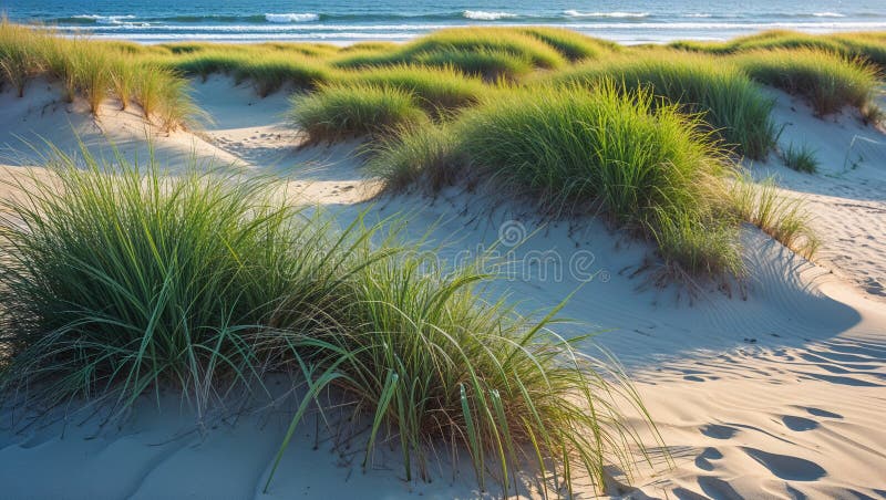 Beach Grass Growing on Sand Dunes by the Ocean Stock Illustration - Illustration of water, ocean ...