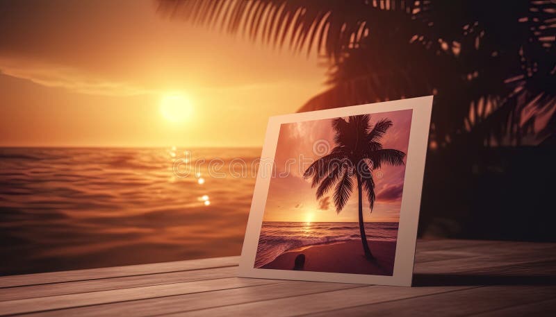 Beach Greeting Card with Dreamy Design, Palm Trees and Beautiful Sunset ...