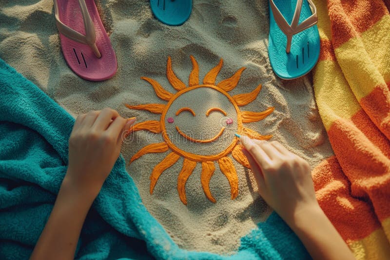 Beach Happy Smiley Face Drawing with Accessories on Sand during Summer ...