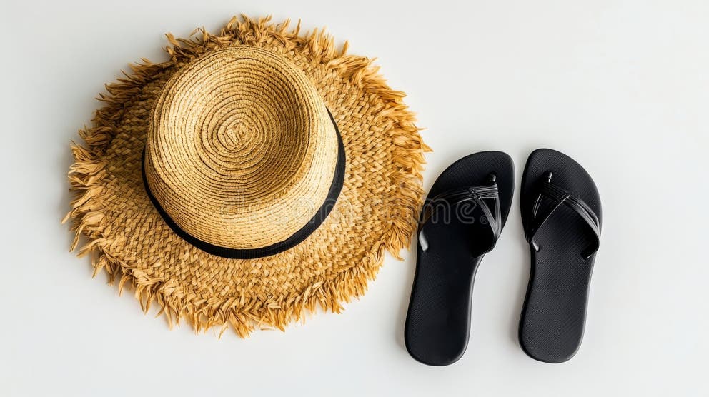 A Beach Hat and Flip-flops Set Against a Light Backdrop, with Space for ...