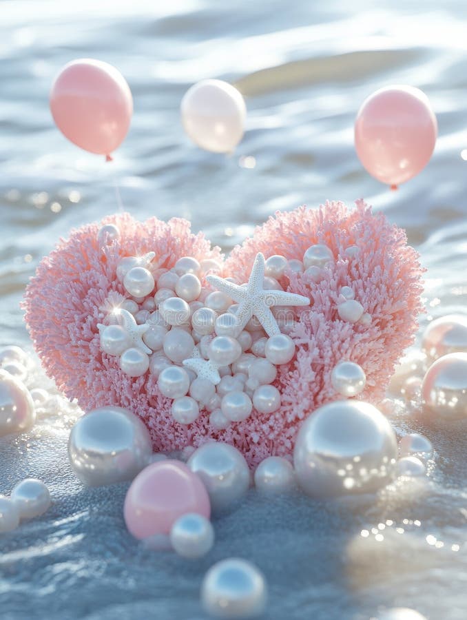 A Beach with a Heart-shaped Pool, Starfish, Sunset, and Balloons is ...