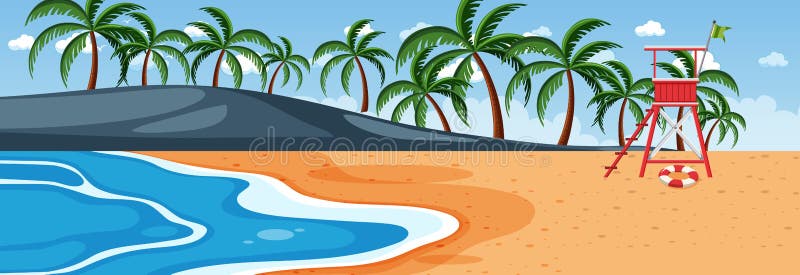 Beach Horizontal Scene at Day Time with Many Palm Trees Stock Vector ...