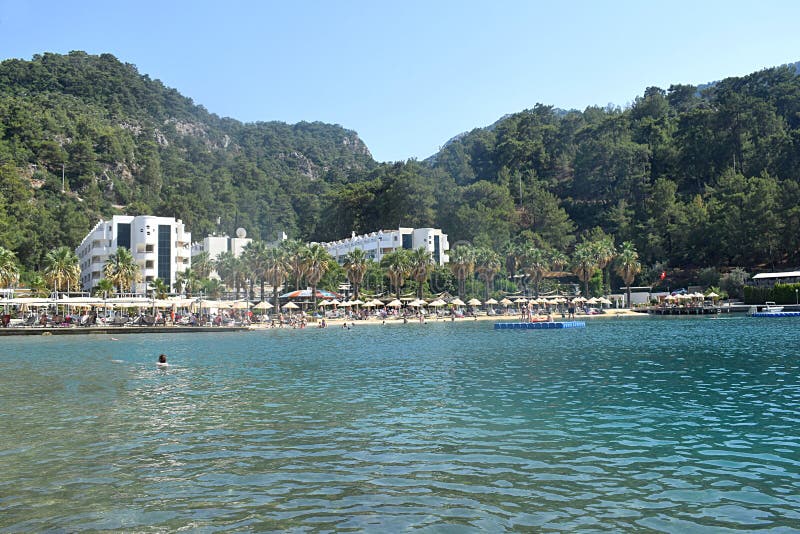 Beach and Hotels in the Resort of Turunc, Turkey Stock Photo - Image of ...