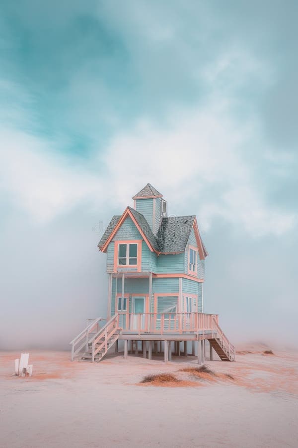 A Beach House on a Foggy Day. Generative AI Image. Stock Illustration ...