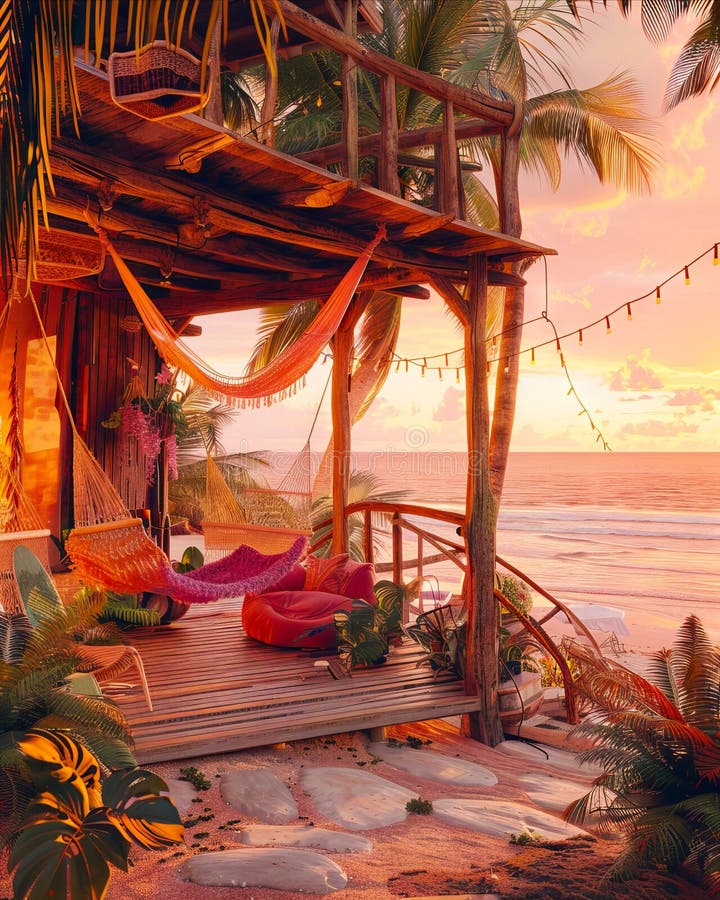 A Beach House with Hammocks and Palm Trees Stock Photo - Image of trees ...