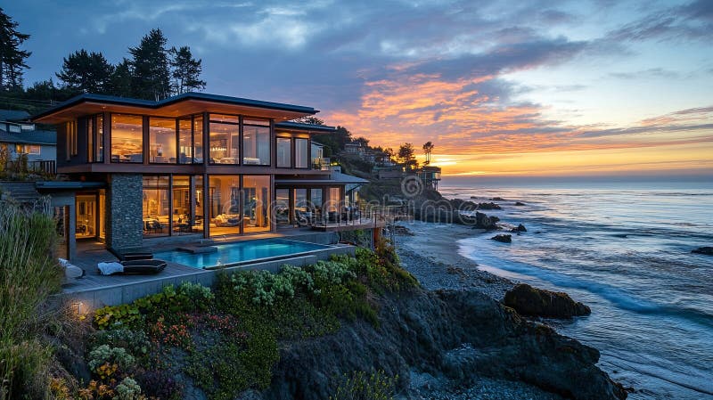 A Beach House with Large Windows Overlooking the Ocean at Sunset Stock ...