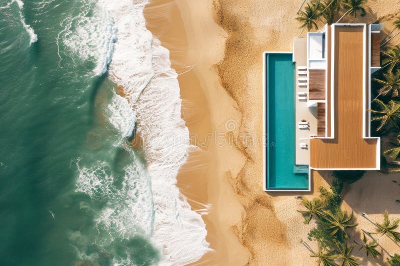 Beach House with Pool on Oceanfront, Top View. Stock Photo - Image of ...